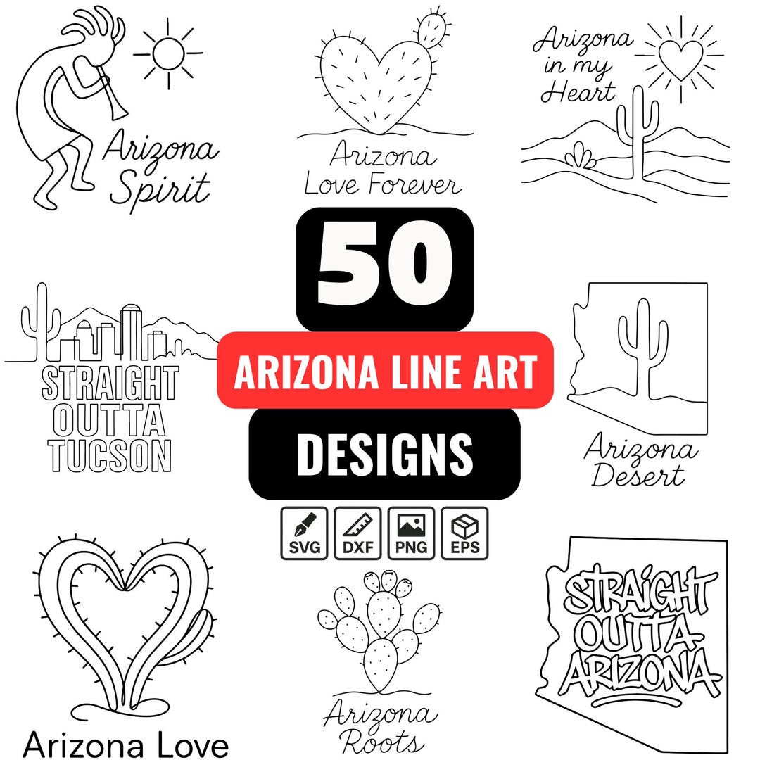 Arizona Line Art SVG Bundle – 50 Desert, Cactus, Tucson Skyline, and ...