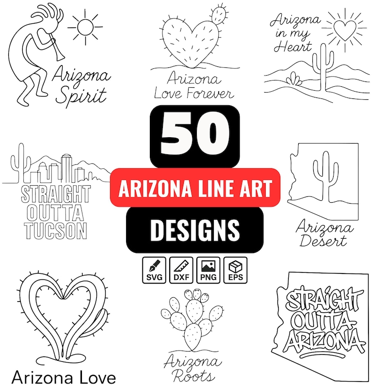 Arizona Line Art SVG Bundle – 50 Desert, Cactus, Tucson Skyline, and ...