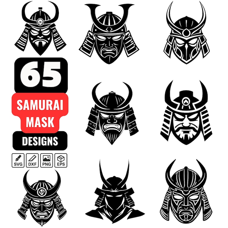 Samurai Mask SVG Bundle,65 Japanese Samurai Helmet Clipart Designs ...