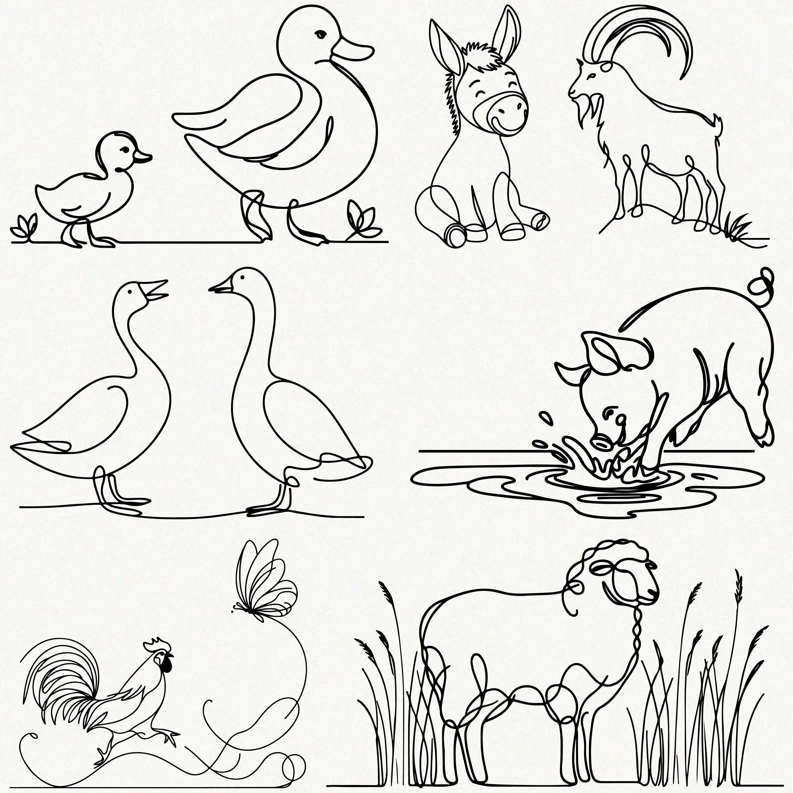 Farm Animal Line Art SVG Bundle | 50 One Line Farm Animal Clipart PNG ...