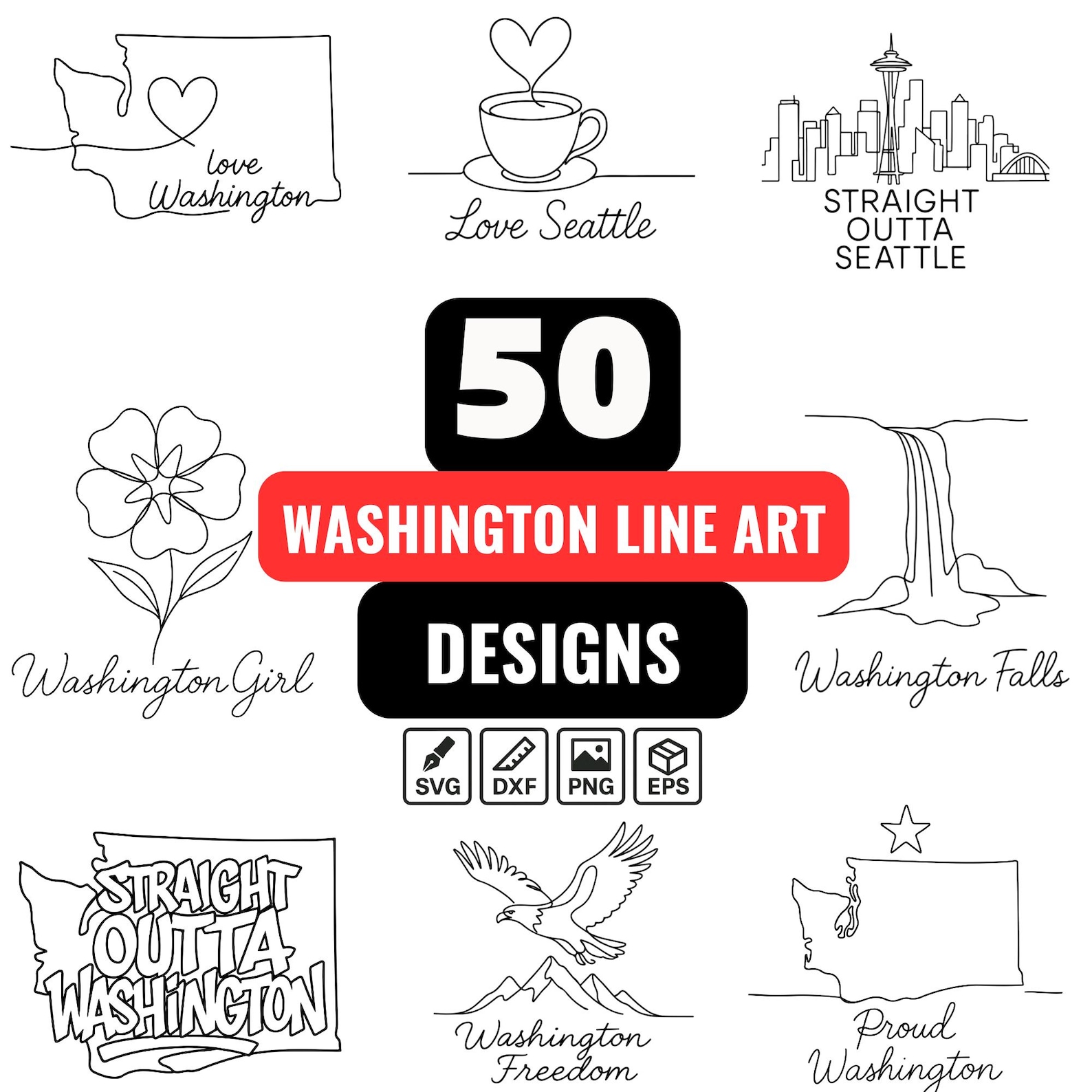 Washington Line Art SVG Bundle – 50 State Pride, Seattle Skyline ...