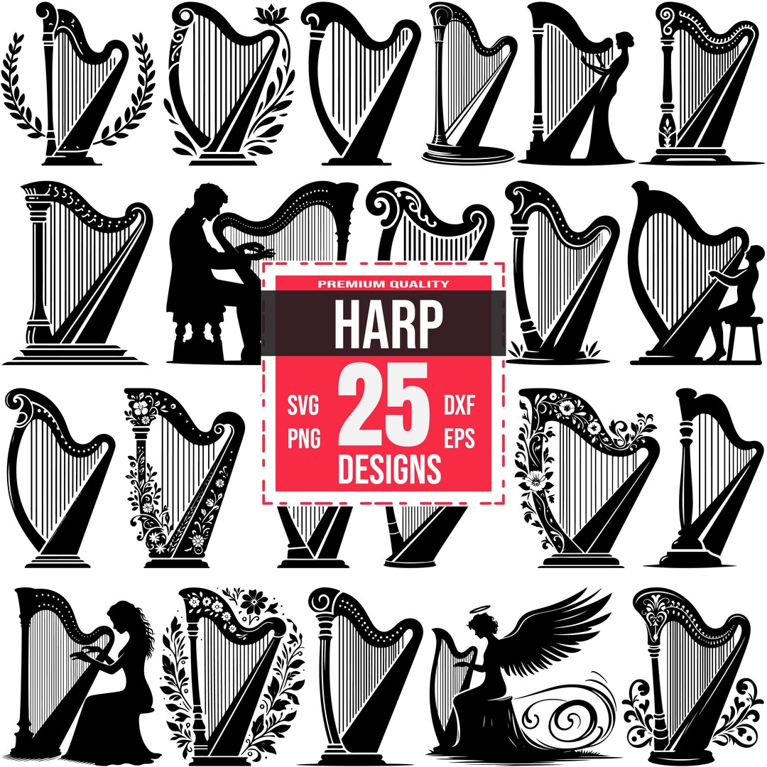 Harp SVG Bundle | 25 Musical and Celtic Designs | Instrument, Classical ...
