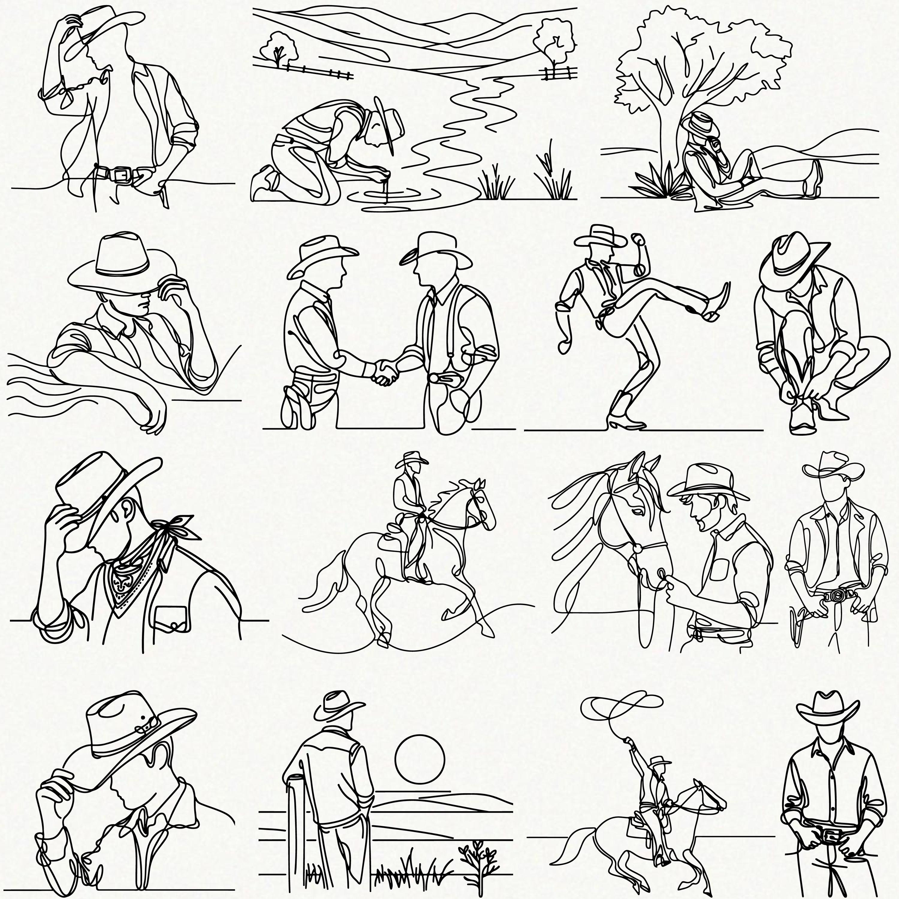 Cowboy Line Art SVG Bundle | 50 Cowboy Continuous Line Clipart PNG ...