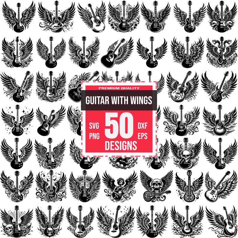 50 Guitar With Wings SVG Bundle, Rock Music PNG, Electric Guitar DXF ...