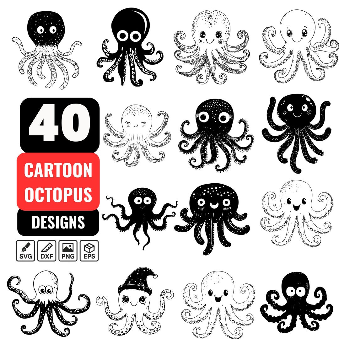 40 Cute Cartoon Octopus SVG Bundle – Sea Animal Clipart, Kawaii Octopus ...