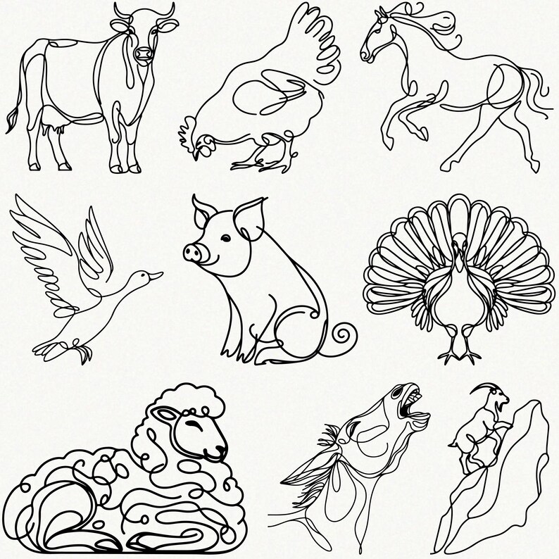 Farm Animal Line Art SVG Bundle | 50 One Line Farm Animal Clipart PNG ...