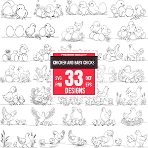 Chicken & Baby Chicks Line Art SVG Bundle | 33 Farm Animal Designs ...