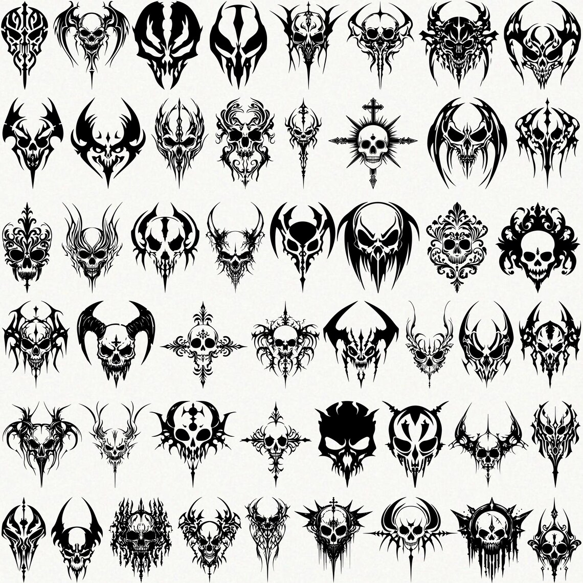 Gothic Skull SVG Bundle, 50 Dark Fantasy Skull Designs, Tribal Skull ...