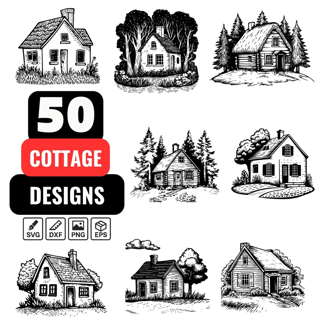 Cottage SVG Bundle | 50 Cottage Clipart Designs PNG | Rustic House SVG ...