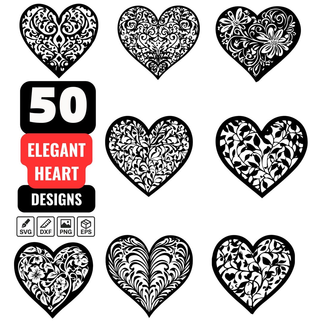 Elegant Heart SVG Bundle: Floral Valentine Wedding Cut Files (digital ...