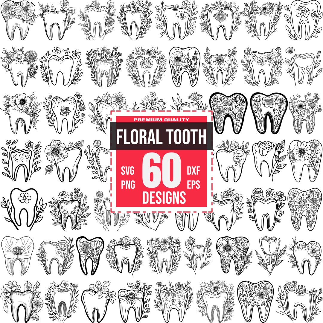 Floral Tooth Svg Bundle, Tooth With Flowers, Dental Hygiene Svg, Flower ...