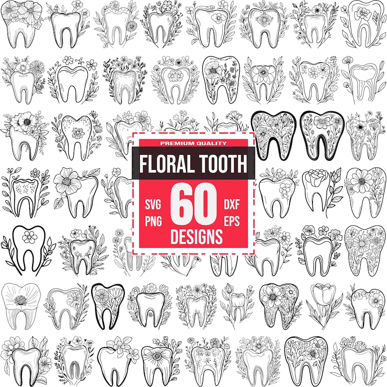 Floral Tooth Svg Bundle, Tooth With Flowers, Dental Hygiene Svg, Flower ...