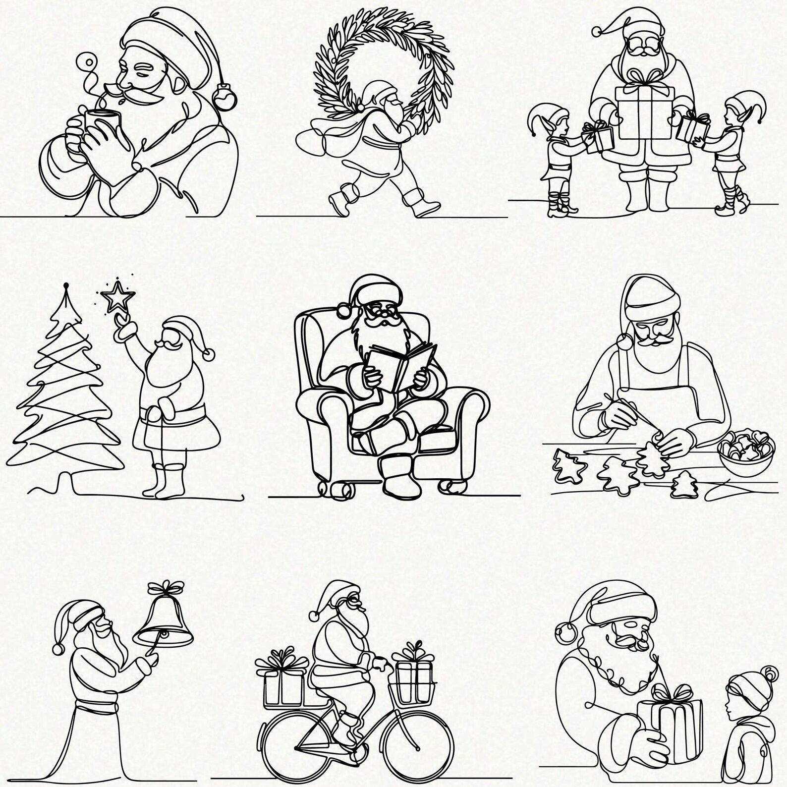 Santa Line Art Bundle – 50 Christmas Santa Claus One Line Drawings for ...