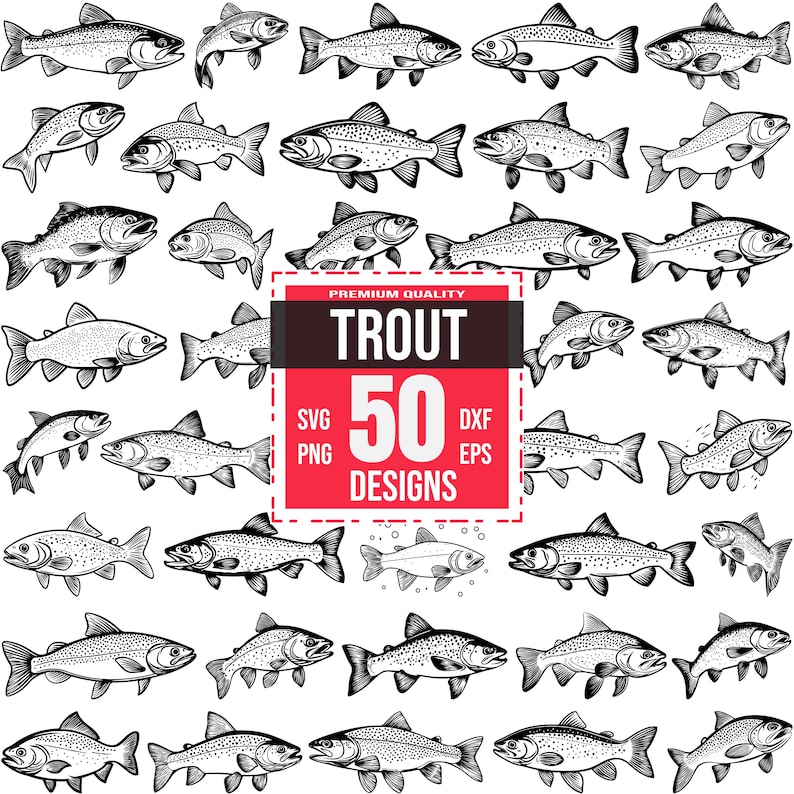 Trout SVG Bundle, 50 Fish Silhouette Designs, Fly Fishing Clipart for ...