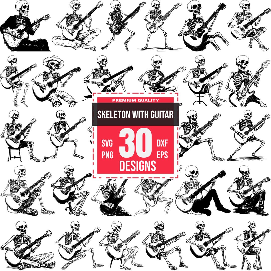 Skeleton With Guitar Svg Bundle, Musical Skeleton Png, Rock and Roll ...