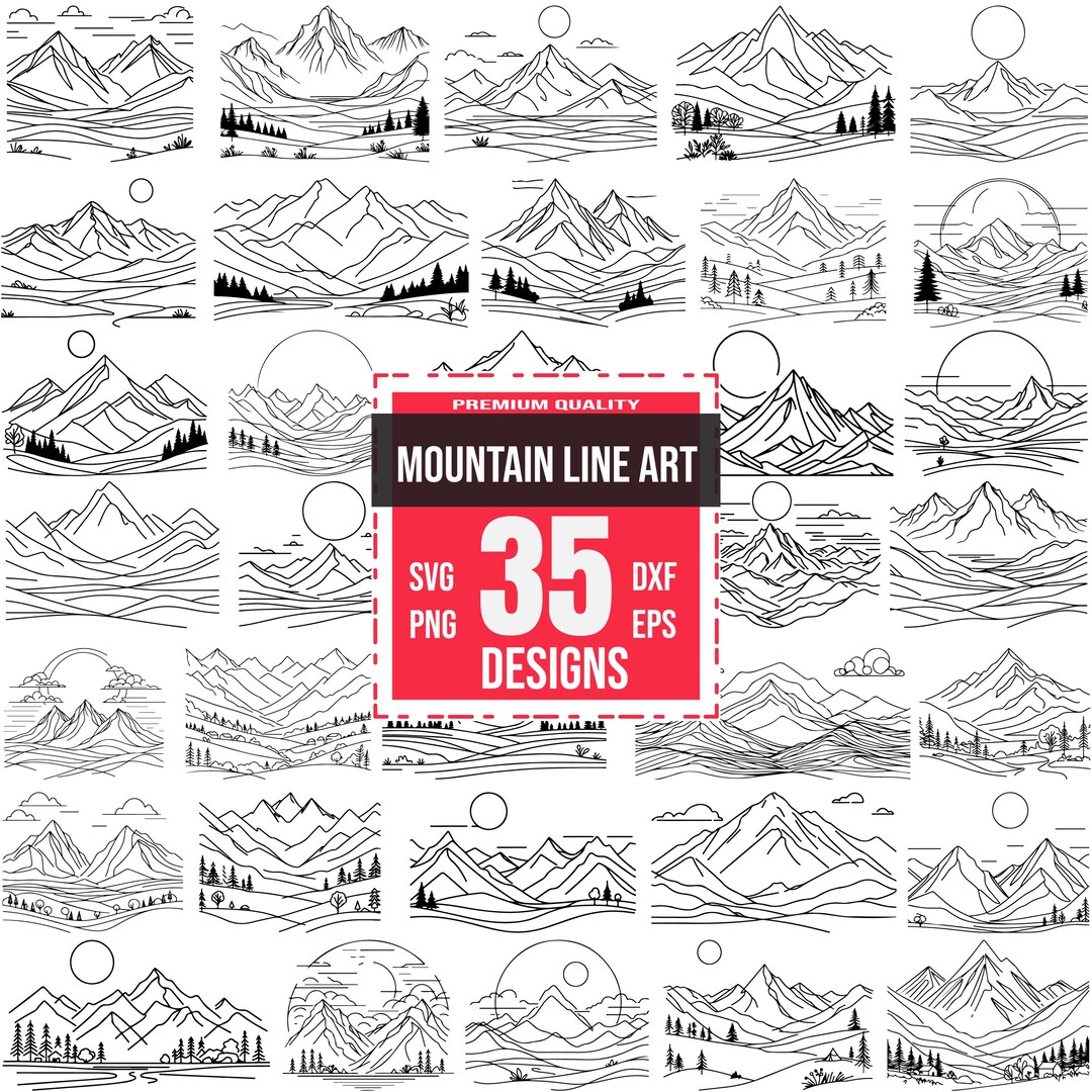 Mountain Scene Line Art SVG Bundle | 35 Minimalist Nature Designs ...