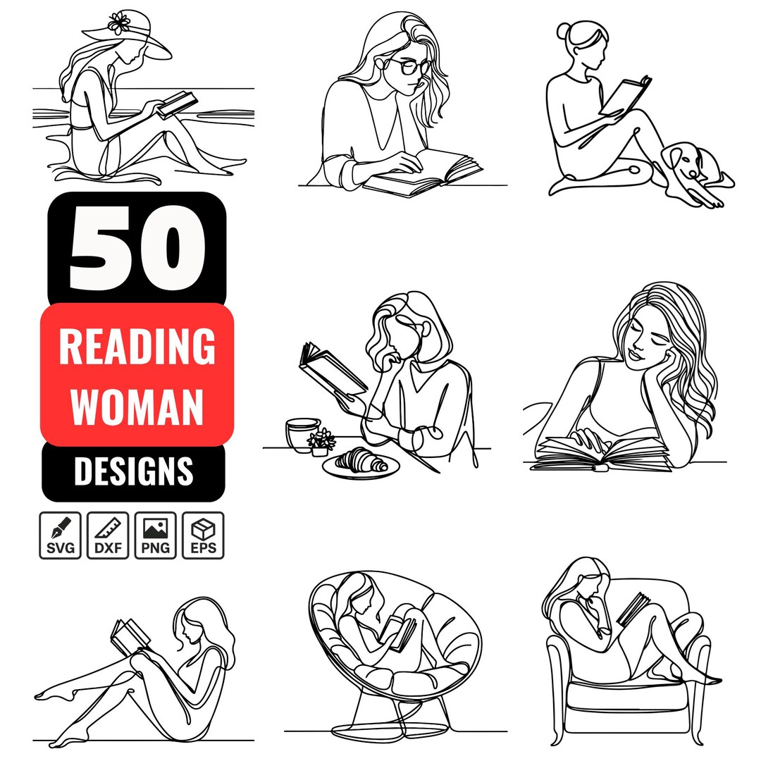 Reading Woman Line Art SVG Bundle | 50 Minimalist Woman Reading Book ...