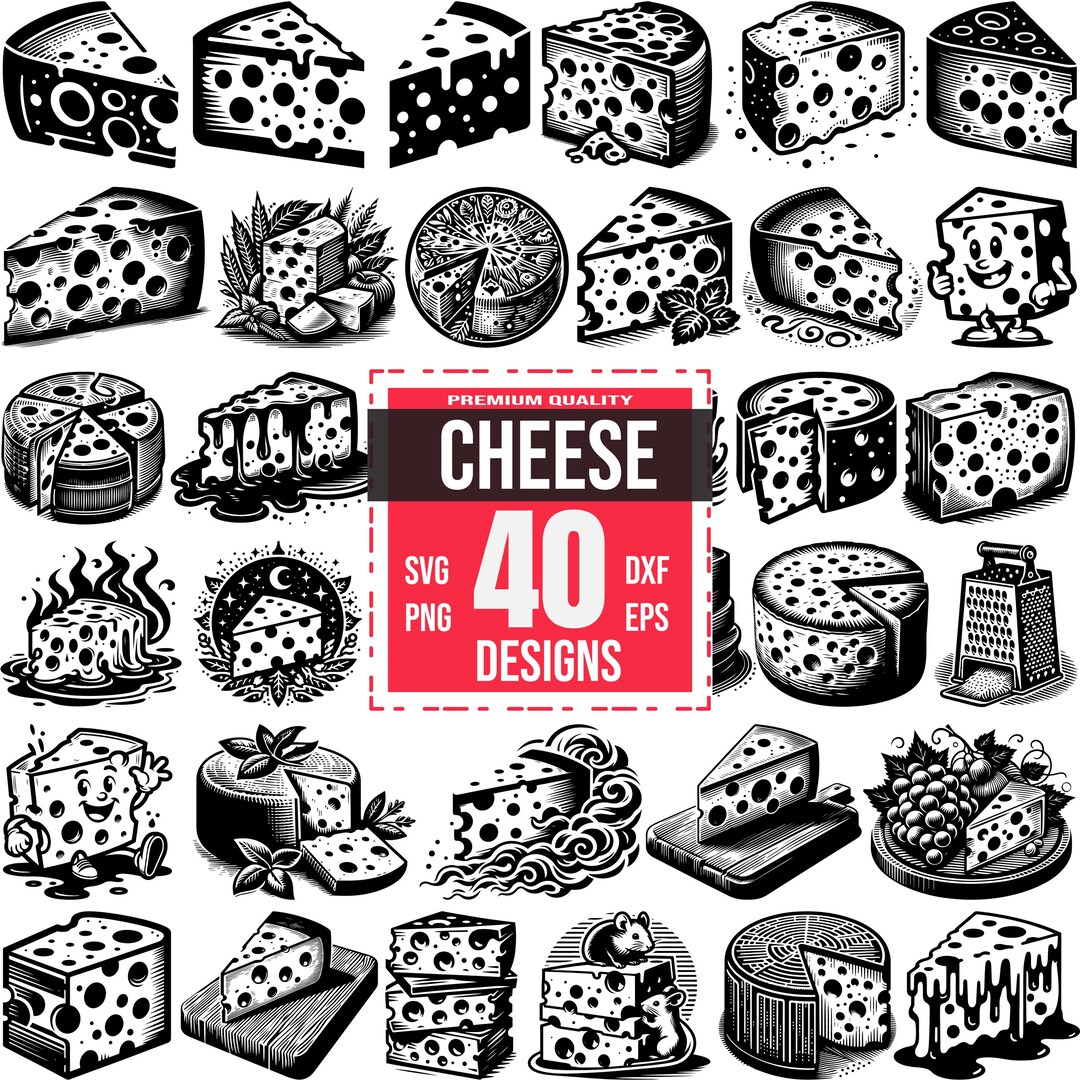 Cheese SVG Bundle | 40 Dairy-themed Designs | Food, Kitchen, Funny ...