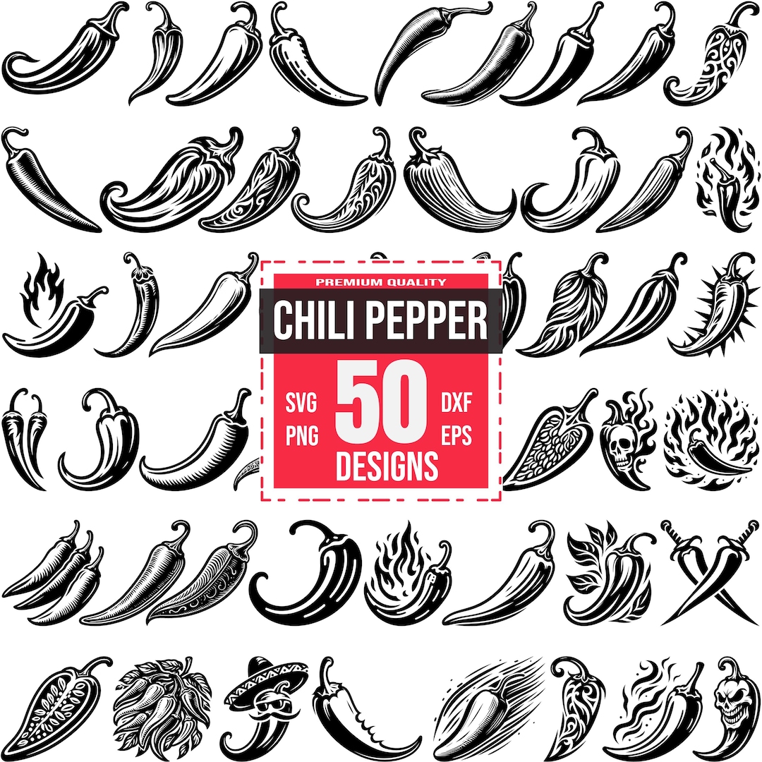 Chili Pepper SVG Bundle, Spicy Pepper PNG, Hot Pepper DXF, Fire ...