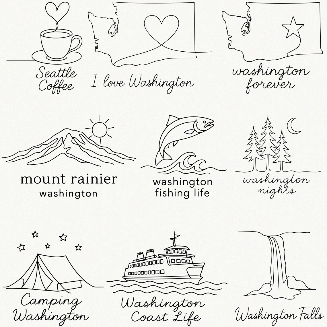 Washington Line Art SVG Bundle – 50 State Pride, Seattle Skyline ...
