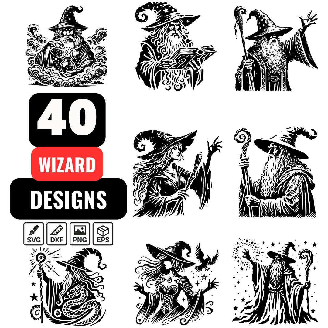 Wizard SVG Bundle | 40 Magical Wizard Designs | Fantasy Spellcaster ...