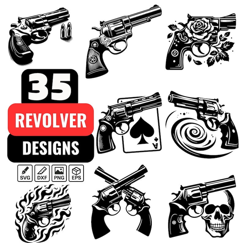 Revolver SVG Bundle With 35 Pistol Clipart Designs for Wild West ...