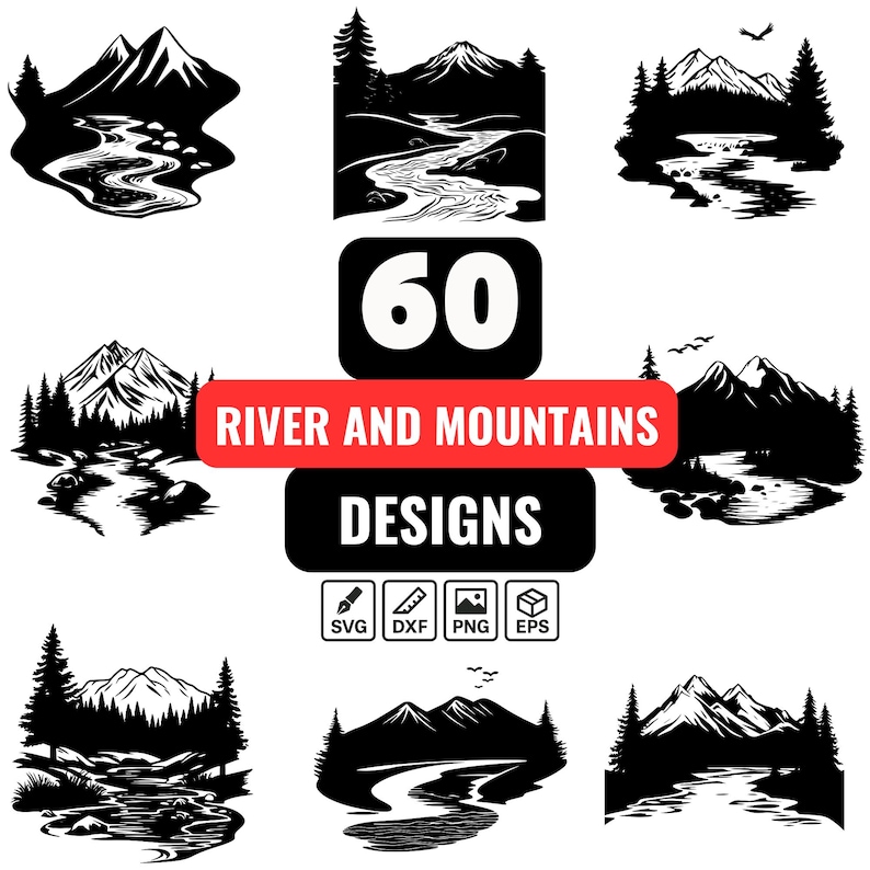 River and Mountains Scene Svg Bundle, Scenic Nature Png, Mountain River ...