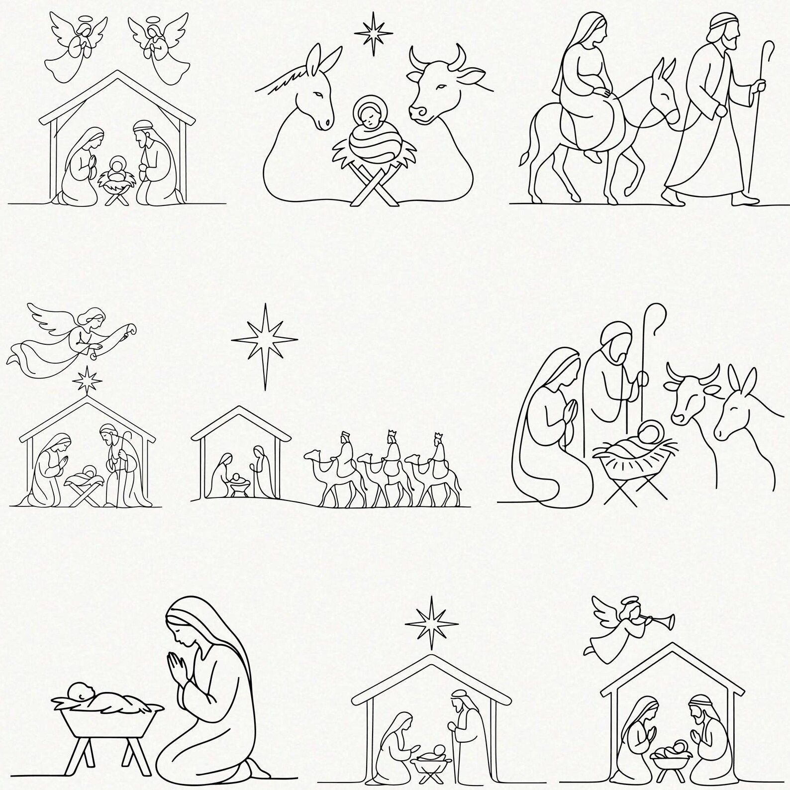 Nativity Scene Line Art Bundle | One Line Drawings for Cricut | Modern ...