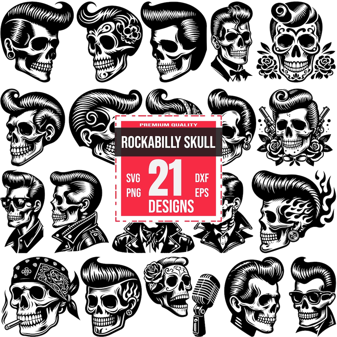 Rockabilly Skull SVG Bundle | 21 Retro Skull Designs With Pompadour ...