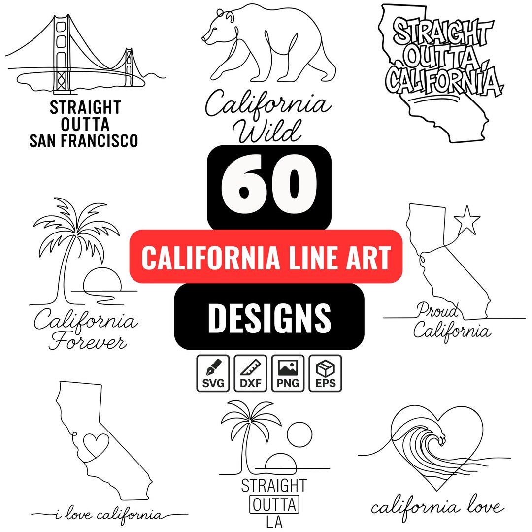 California Line Art SVG Bundle – 60 State Pride, Surf, Bear, Skyline ...