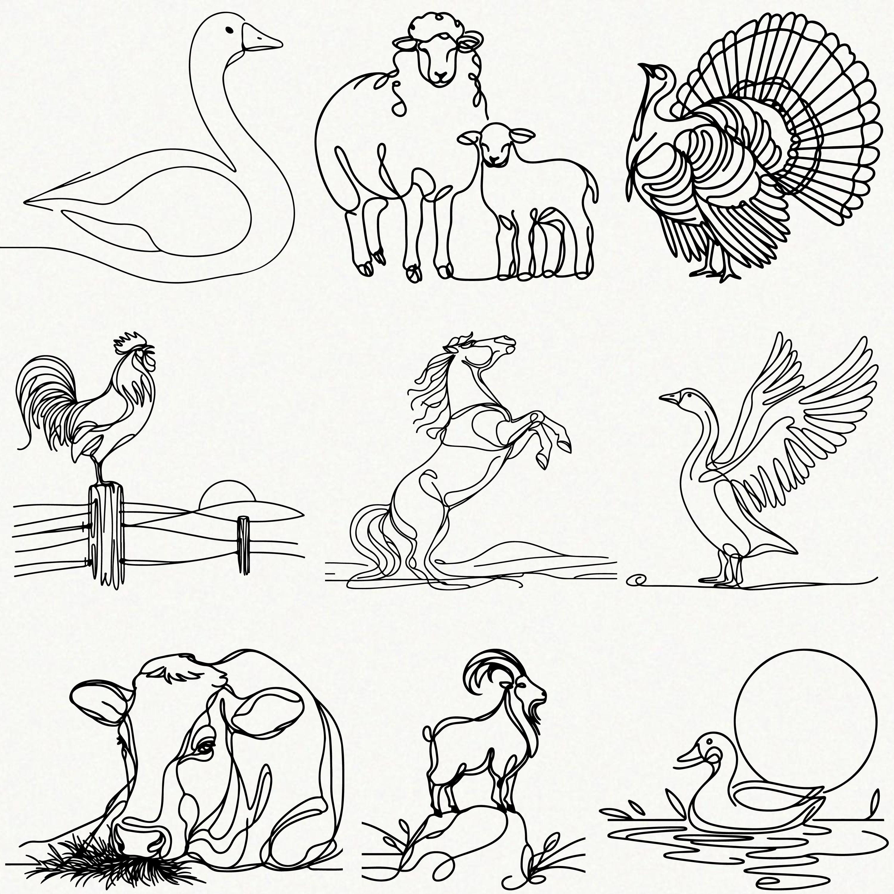 Farm Animal Line Art SVG Bundle | 50 One Line Farm Animal Clipart PNG ...
