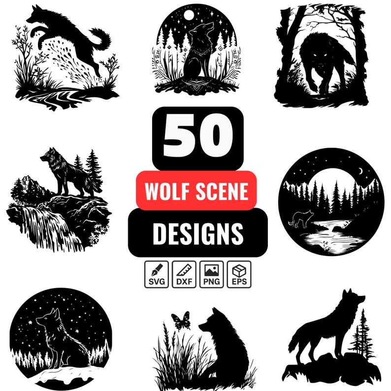 50 Wolf Scene SVG Bundle | Wild Forest Silhouette Clipart | Wolf and ...