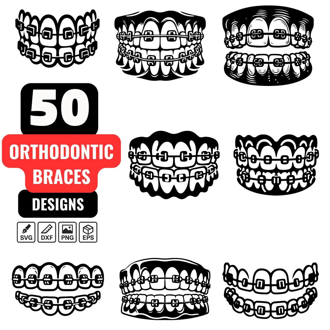 50 Orthodontic Braces SVG Bundle – Detailed and Stylish Braces Teeth ...
