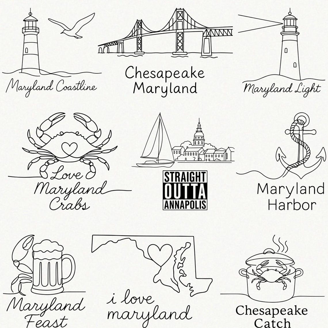 Maryland Line Art SVG Bundle – 50 State Pride, Crab, Lighthouse, and ...