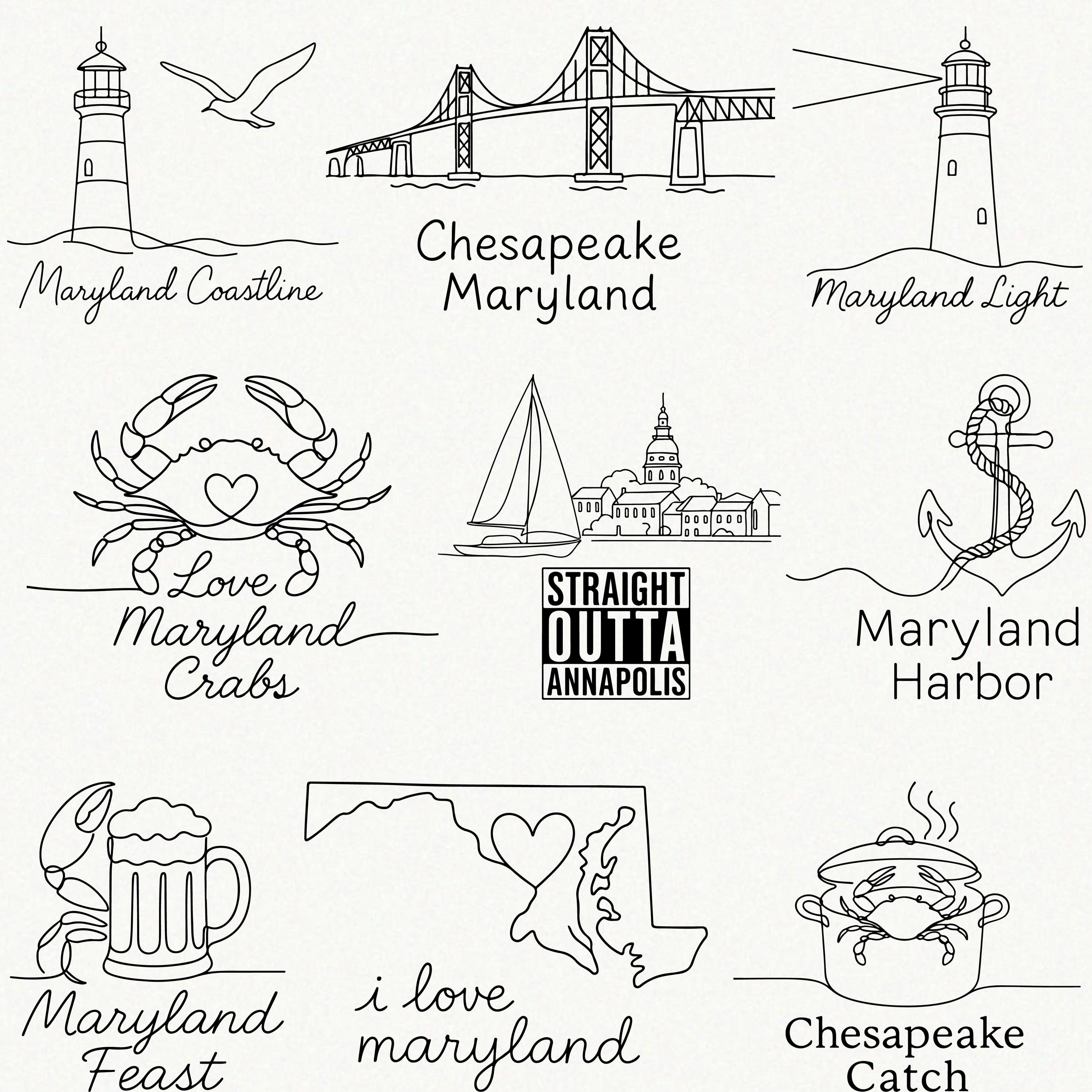 Maryland Line Art SVG Bundle – 50 State Pride, Crab, Lighthouse, and ...