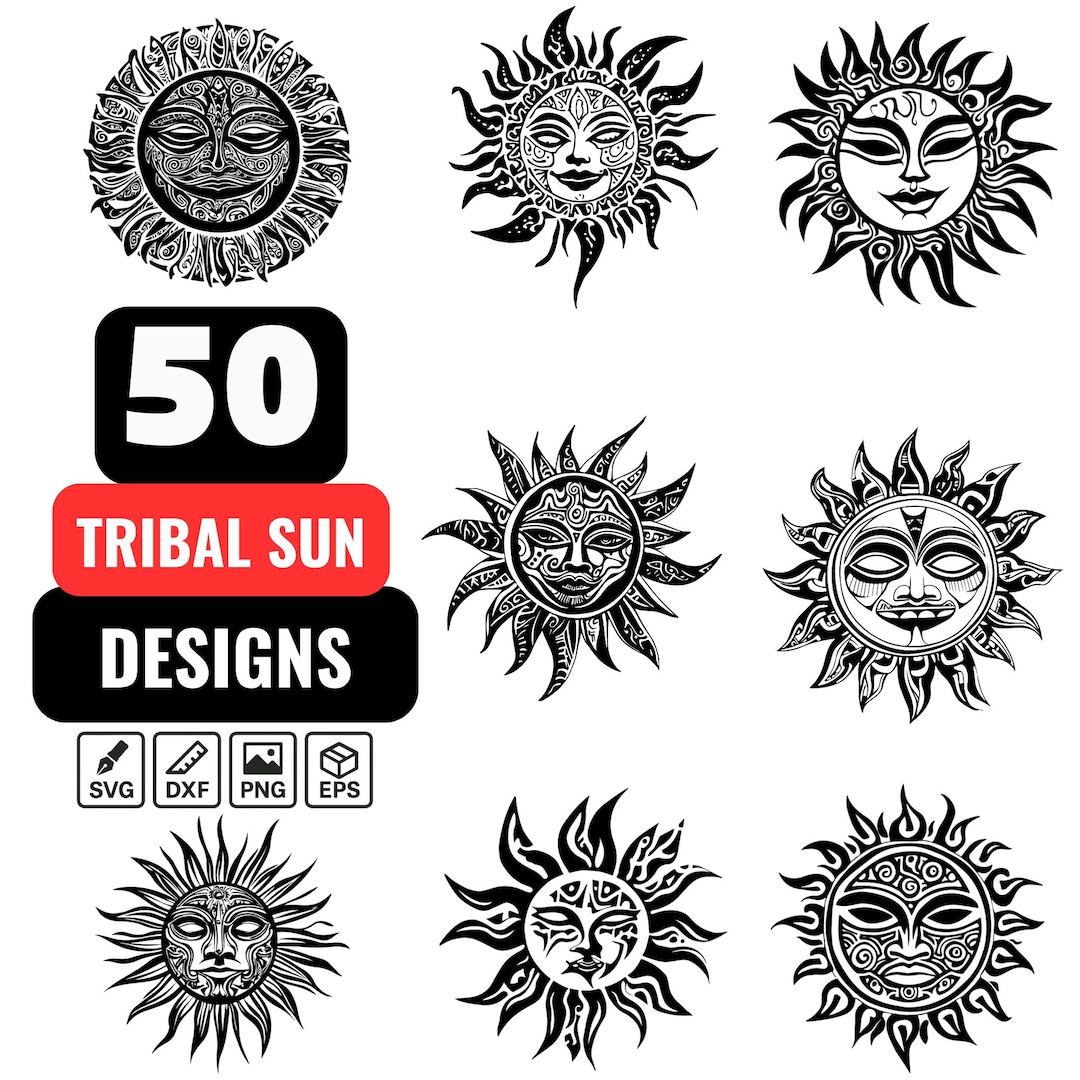Tribal Sun SVG Bundle, 50 Detailed Tribal Sun Clipart Designs, Native ...