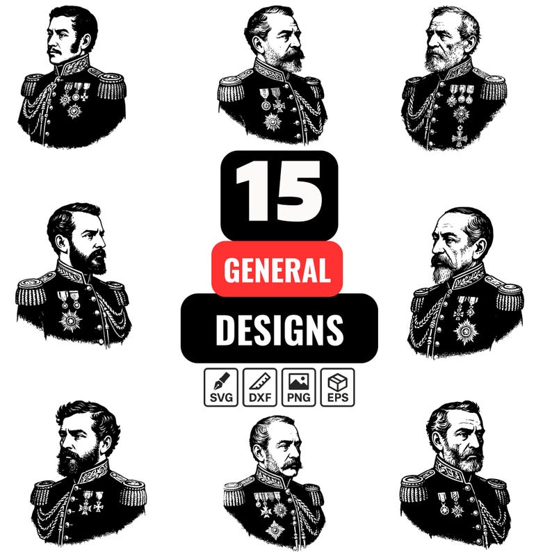 Military General SVG Bundle, 15 Vintage Army Officer Portrait Clipart ...