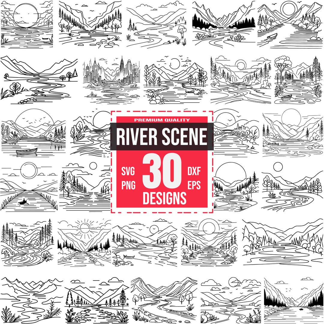 River Scene Line Art SVG Bundle | 30 Nature Designs | Landscape ...
