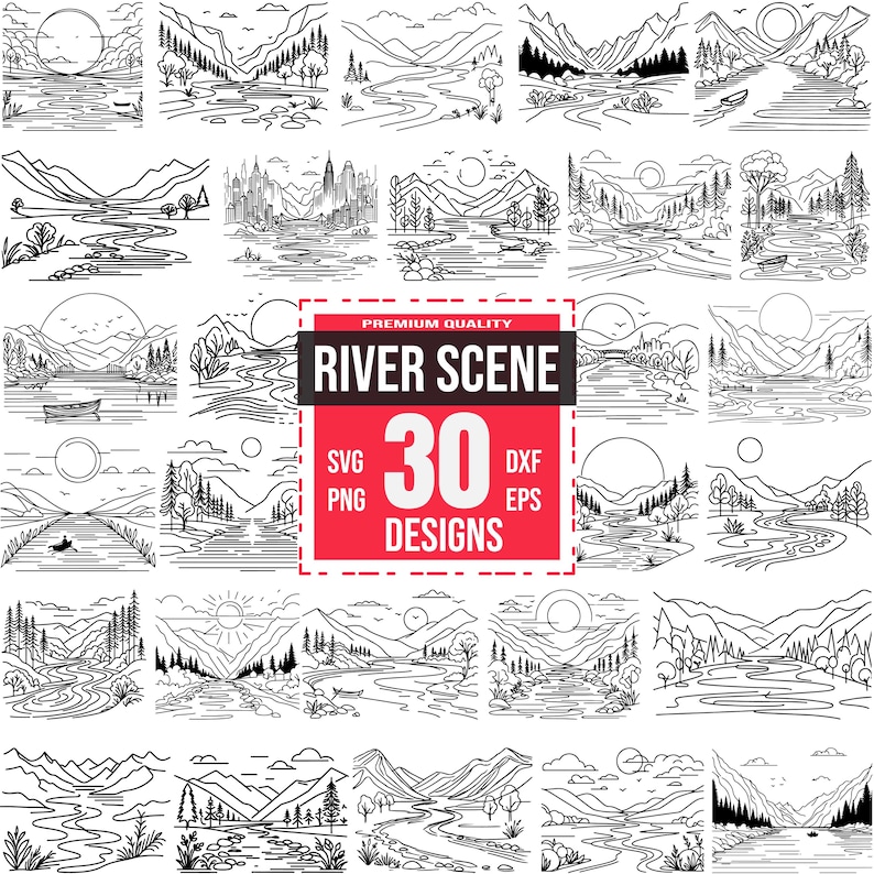 River Scene Line Art SVG Bundle | 30 Nature Designs | Landscape ...