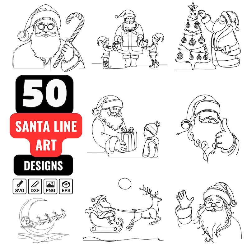 Santa Line Art Bundle – 50 Christmas Santa Claus One Line Drawings for ...