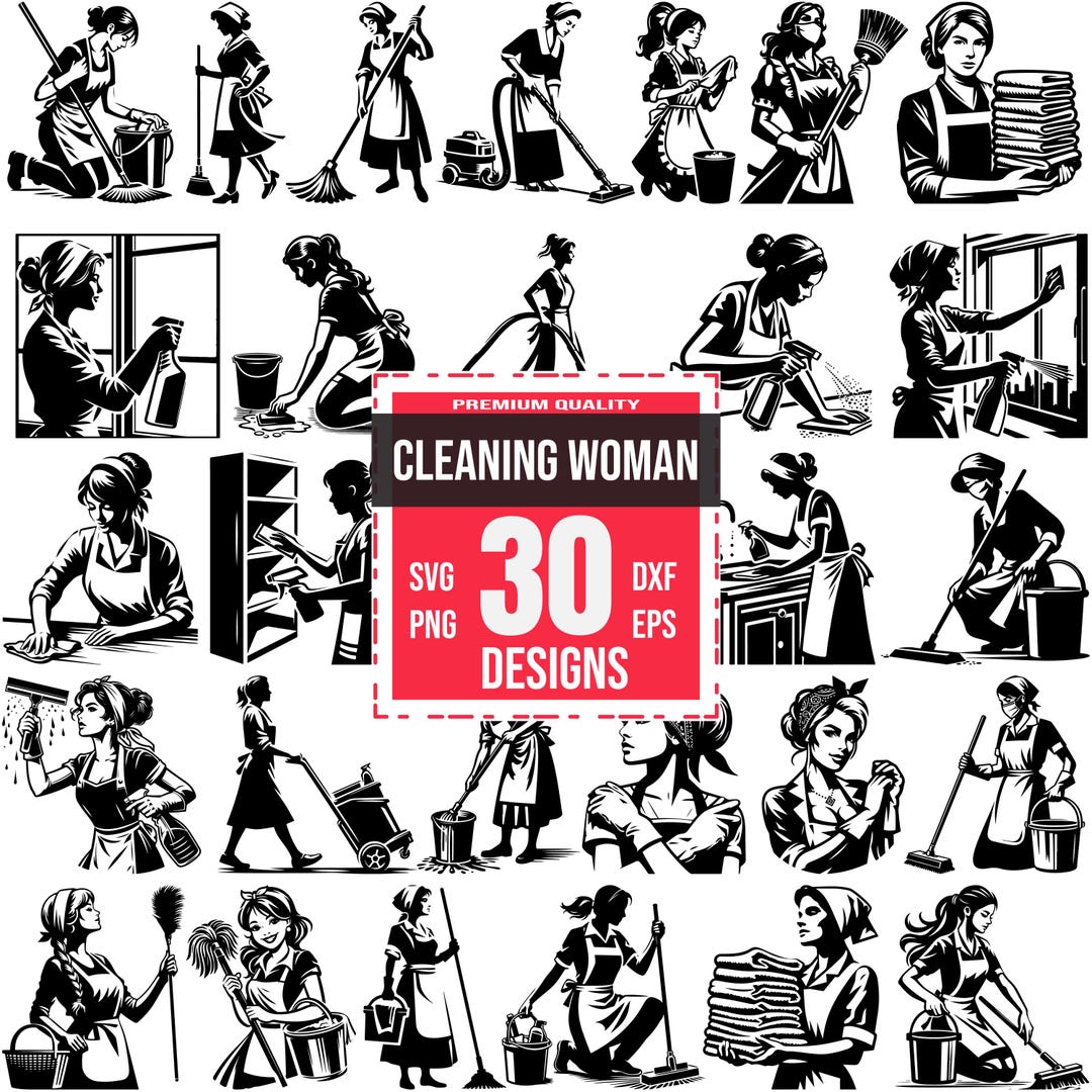 Cleaning Woman SVG Bundle, Housekeeper Clipart PNG, Maid DXF Cut Files ...