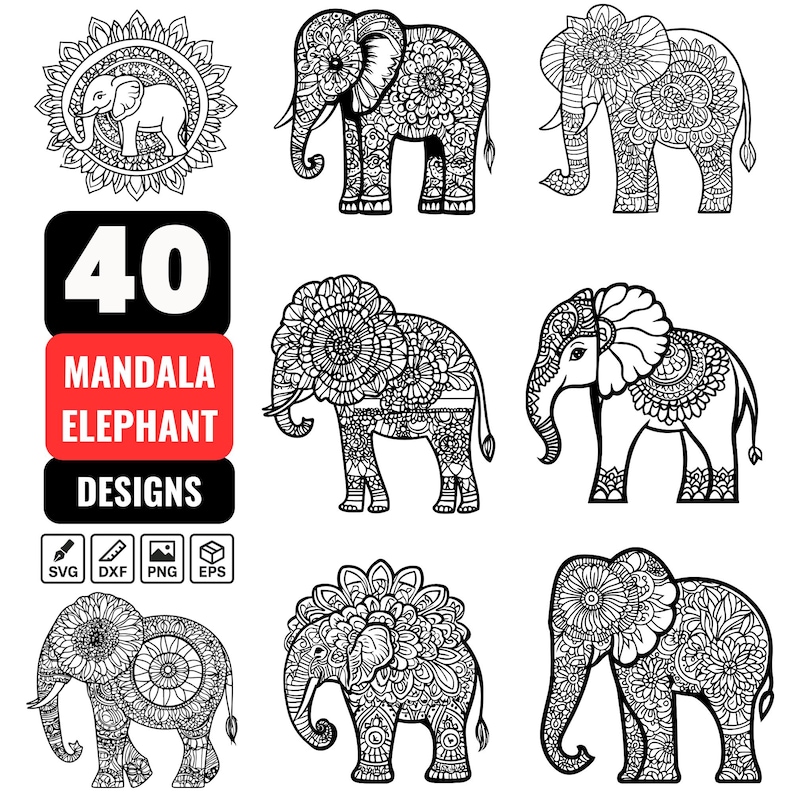 Bundle SVG éléphant mandala, 40 dessins d'éléphants complexes, cliparts ...