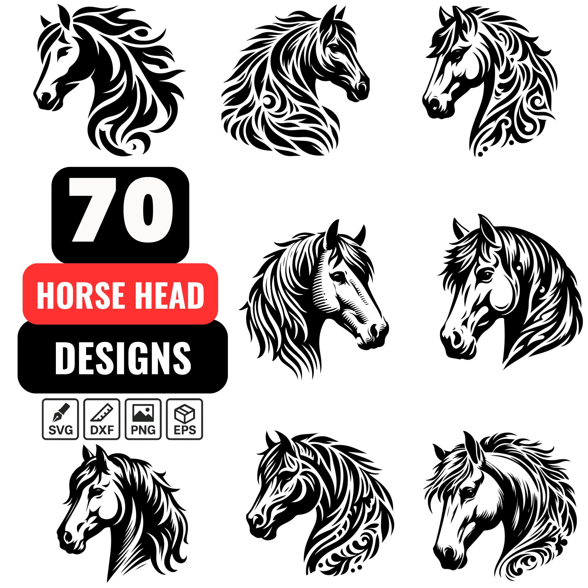 Horse Head SVG Bundle, 70 Tribal and Detailed Horse Head Vector Clipart ...