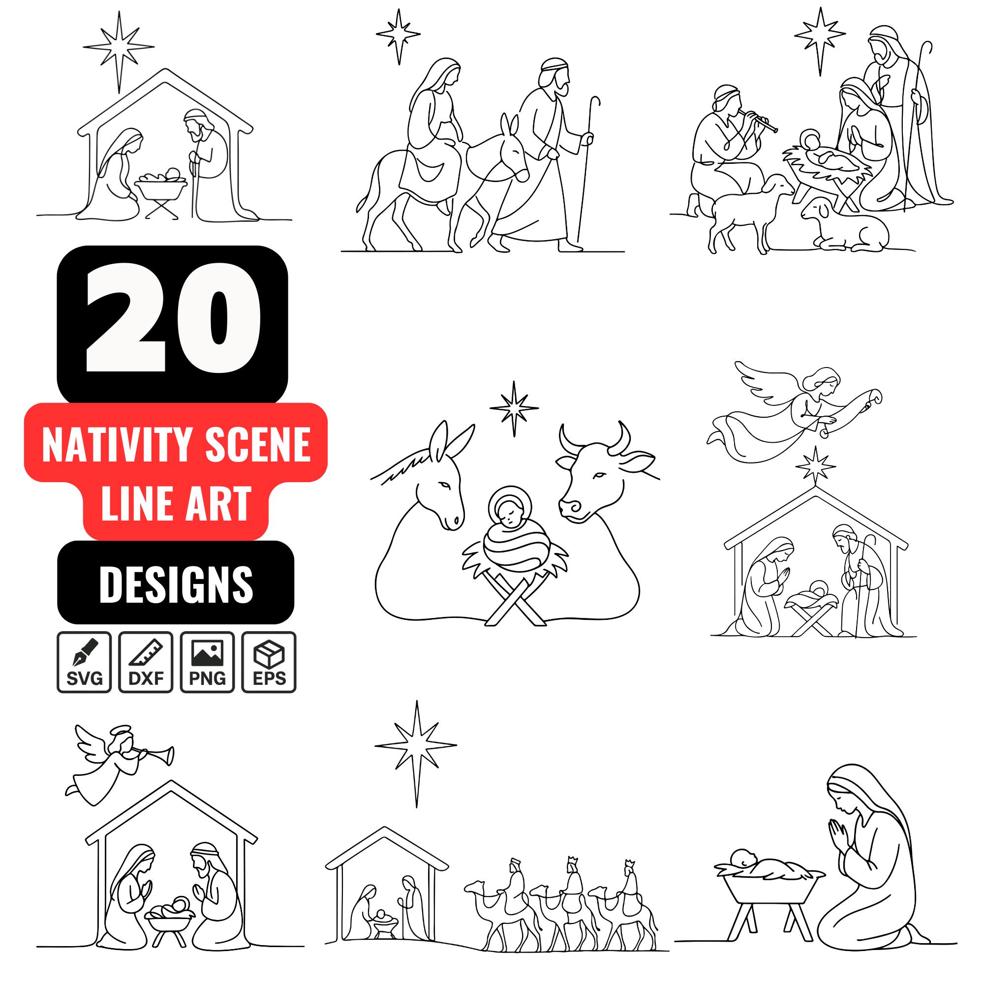 Nativity Scene Line Art Bundle | One Line Drawings for Cricut | Modern ...