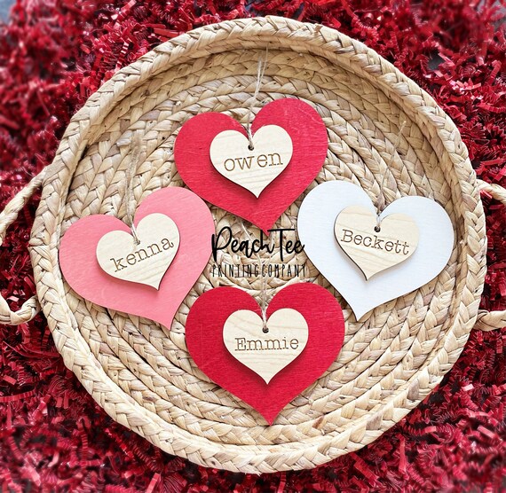 Heart Name Tags Custom Wood Valentine Basket Tag Modern Script Wood