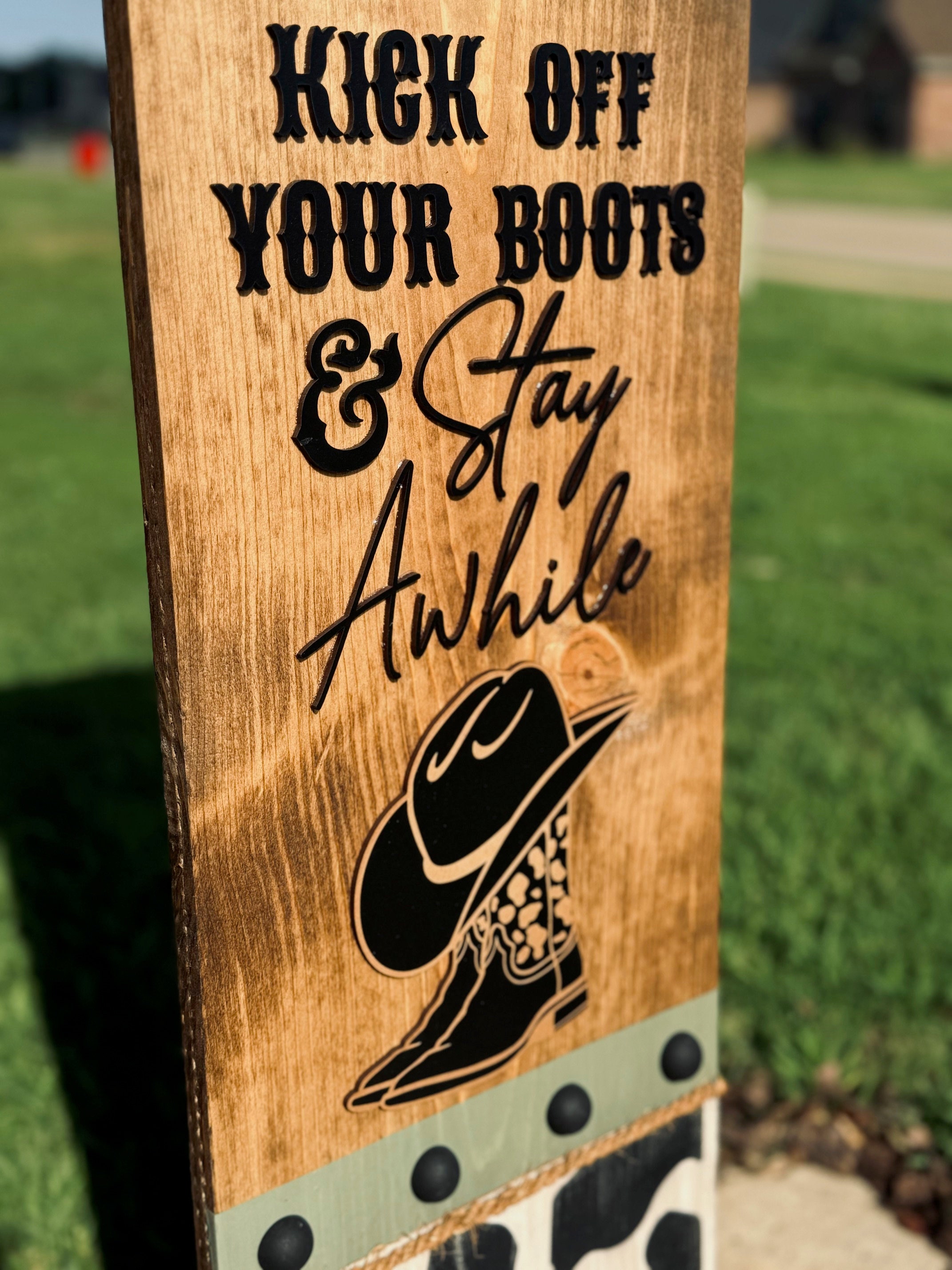 Kick off Your Boots Cow Print Welcome Front Porch Sign Decor - Etsy