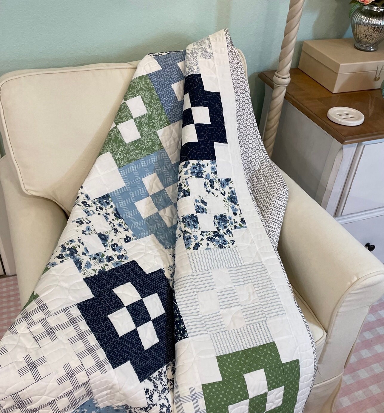 Handmade Patchwork Quilt-blue Green & White - Etsy