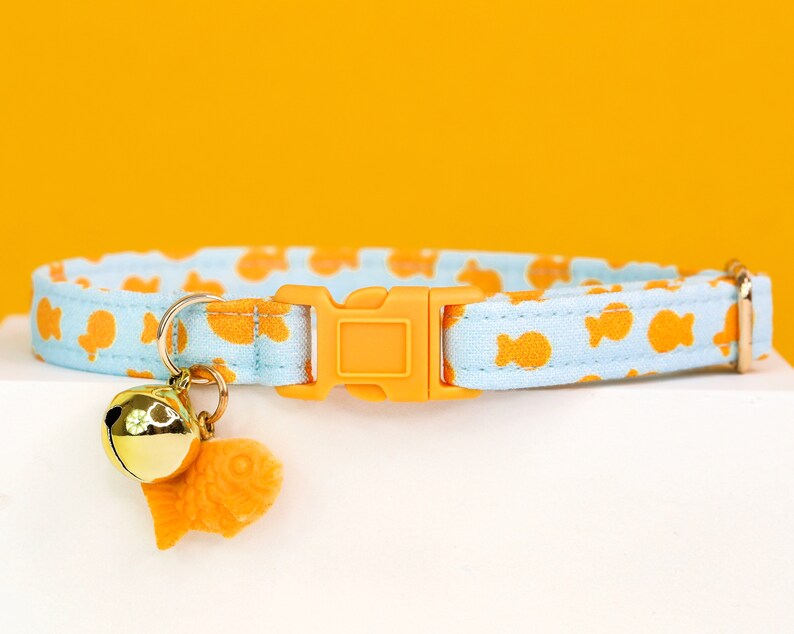 Gold Fish Cat Collar With Bell and Charm Blue Breakaway Cat - Etsy
