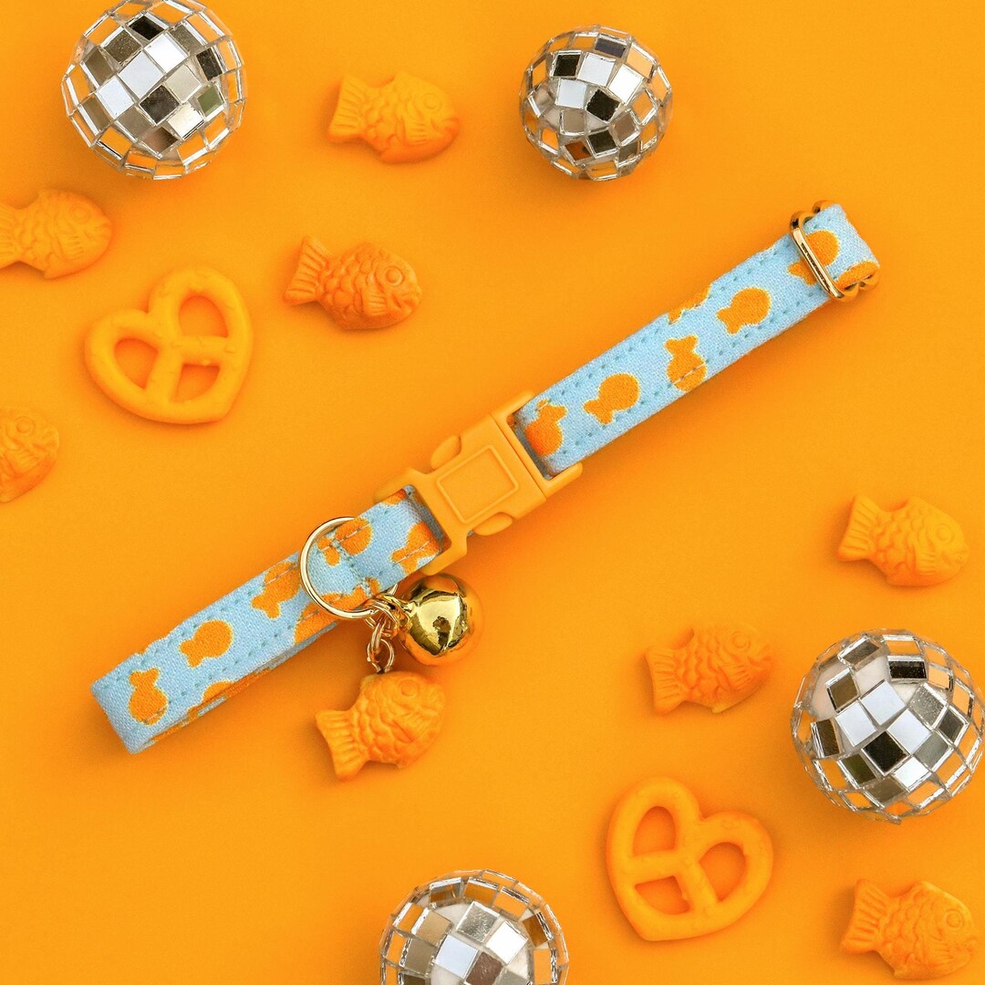 Gold Fish Cat Collar With Bell and Charm, Blue Breakaway Cat Collar ...