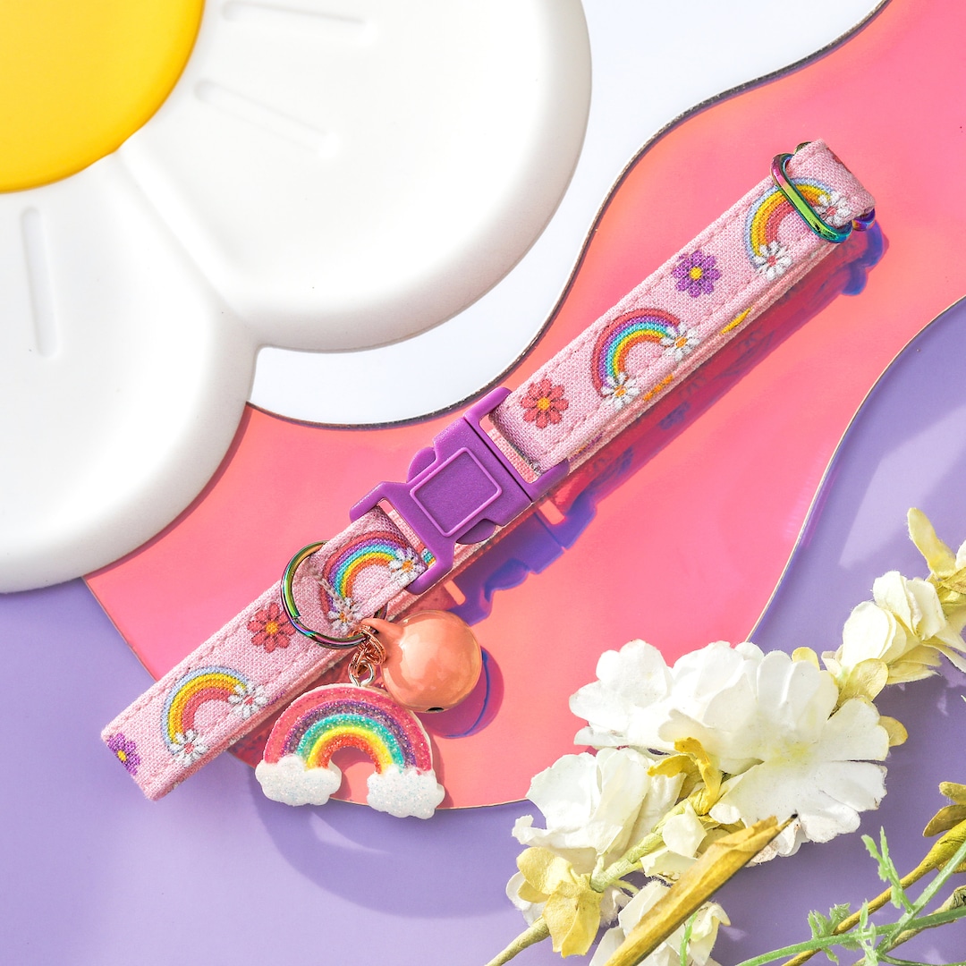 Colorful Rainbow Cat Collar With Bell and Charm, Cute Pink Girl Cat ...